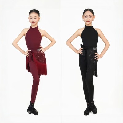 女童拉丁舞连体练功服亮片流苏