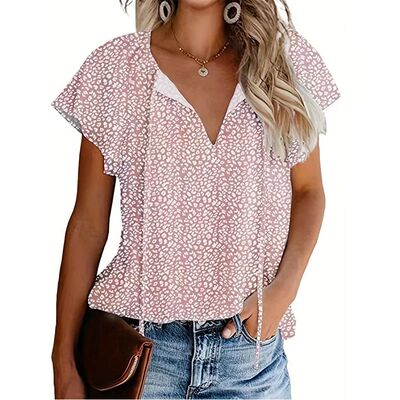 V领印花荷叶袖短款上衣 V-neck printed ruffle sleeve short top