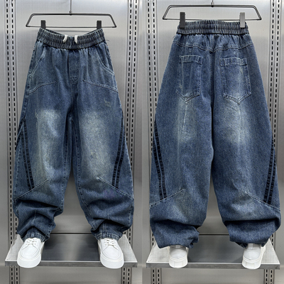 春秋条纹拼接直筒牛仔裤