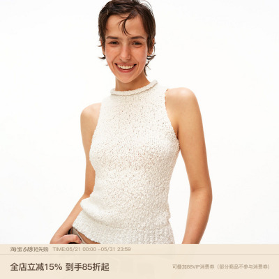PUKI 肌理感半高领卷边无袖背心 复古全棉粗针修身上衣