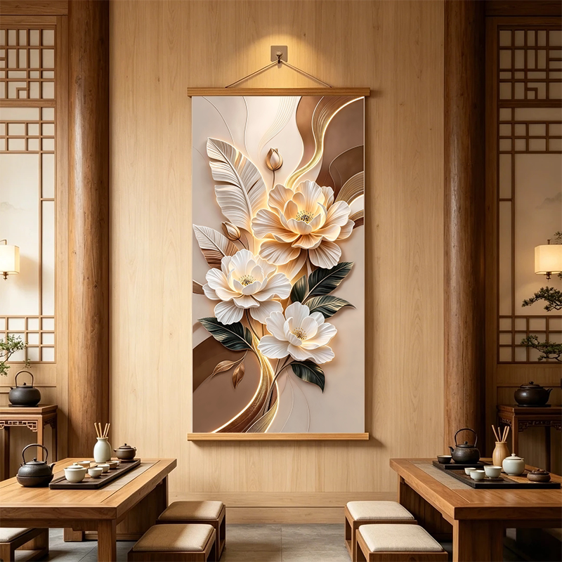 新中式花开富贵轻奢浮雕花卉清新装饰画客厅卧室挂画现代简约高级