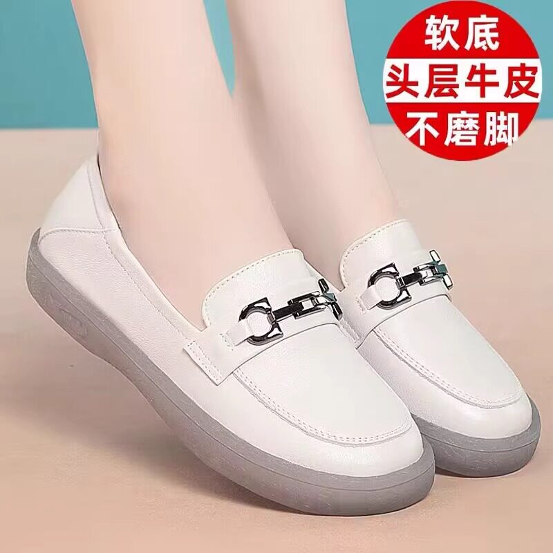 真皮平底乐福鞋女英伦风2025春季新款软底豆豆鞋牛筋底休闲 小白
