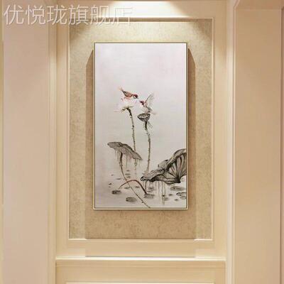 网红新中式花图玄奢手油画轻水墨风鸟格挂画纯手工关荷花客厅装绘