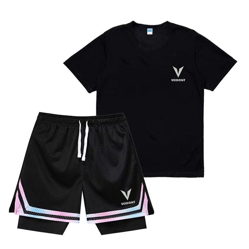 VEID美式运动套装男夏季透气网眼速干投篮服短袖假两件短裤训练服