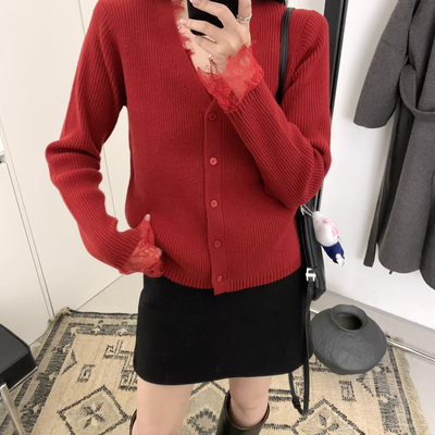 可-拼接蕾丝设计洋气气质显瘦纯色针织开衫（含51.0绵羊毛）7522