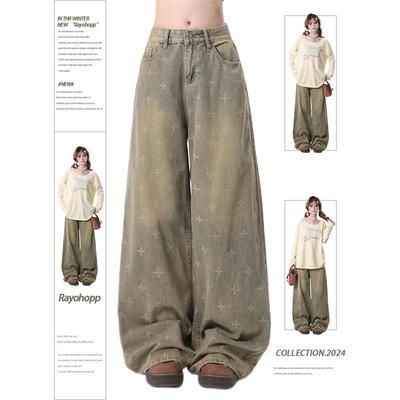 Rayohopp牛仔裤女春季辣妹阔腿复古重工十字星宽松水洗做旧直筒裤