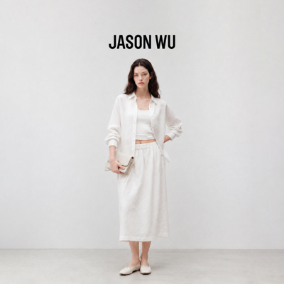 JASON WU-J系列100%汉麻松紧高腰后开叉A字中长款半身裙女早秋新