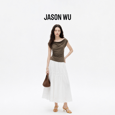 JASON WU-J系列优雅气质一字领斜肩T恤小衫褶皱收腰上衣女早秋新