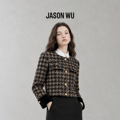 JASON WU-J系列经典千鸟格复古小香风粗花呢袖口丝绒拼接外套女秋