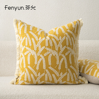 芬允【棉麻语】黄色抱枕套客厅沙发靠枕别墅麦穗绣花靠垫高级腰枕