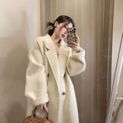 美拉德中长款毛呢外套女小个子慵懒赫本秋冬加绒加厚呢子大衣氨纶