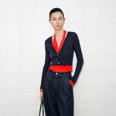 冬款V领拼色假两件针织衫