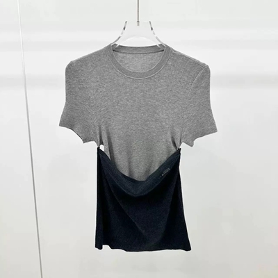 春款真两件撞色针织衫T恤