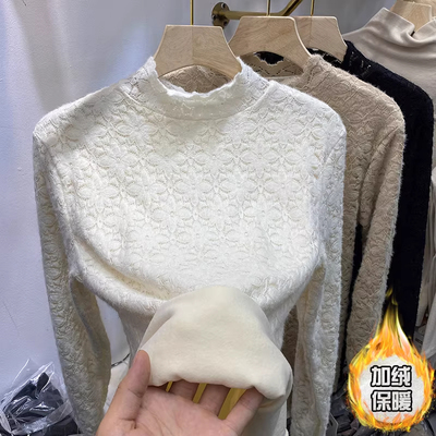 秋冬打底衫磨毛加加厚蕾丝衫高领修身显瘦加厚保暖温柔1226k