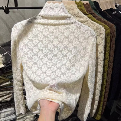 秋冬打底衫高领磨毛蕾丝加加厚洋气内搭长袖花边网纱1226k