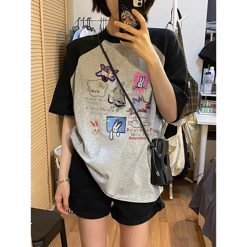 短袖t恤女2026新款插肩袖宽松纯棉拼接设计感上衣大码胖mm显瘦夏
