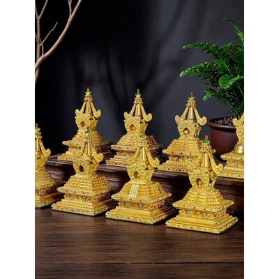 如来八塔菩提塔佛塔八尊一套铜鎏金雕花舍利宝塔七供八供塔21cm