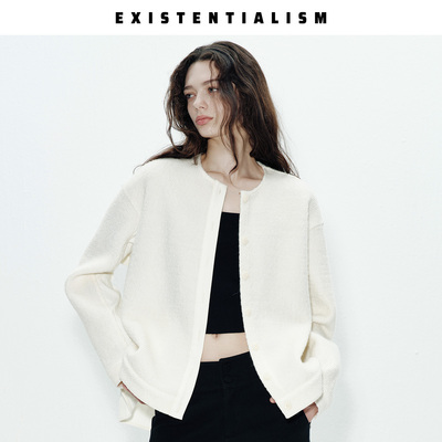 EXISTENTIALISM Cream 羊毛拼接针织外套女圆领长袖宽松开衫上衣