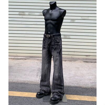 OOCQ水洗做旧爆裂闪电纹牛仔裤男宽松百搭休闲潮牌cleanfit长裤子