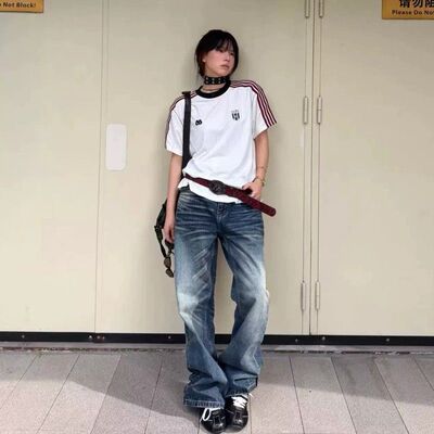 August rain 树脂压褶猫须高盎司微喇深蓝色复古竹节纹水洗牛仔裤