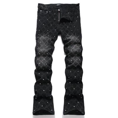 Men Straight Flared Jeans 男士黑色格子钉珠直筒修身喇叭牛仔裤