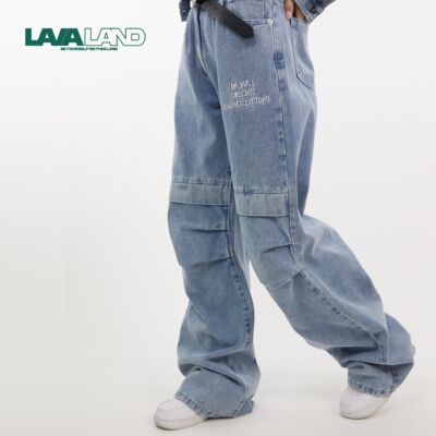 【长腿辣娃】LAVALAND 高腰刺绣直筒牛仔堆堆长裤秋冬休闲裤