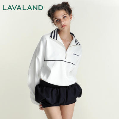 【运动甜妹】LAVALAND初秋条纹分割半拉链立领宽松套头短卫衣外套