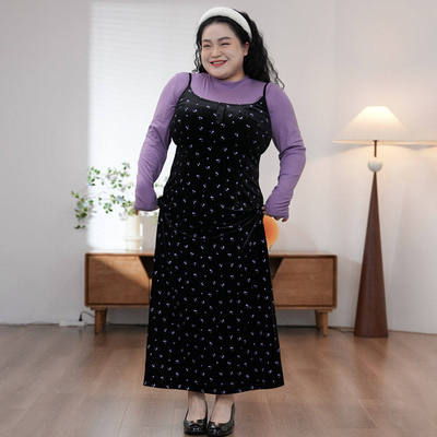 福饮沸别【紫藤瀑布】大码胖mm气质法式温柔碎花吊带连衣裙2732