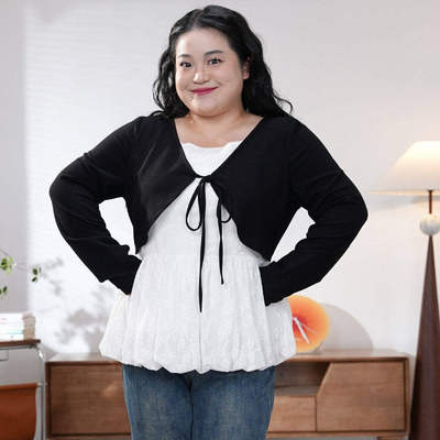 福饮沸别【层叠花语】大码胖mm秋季新款假两件花苞下摆上衣-2530