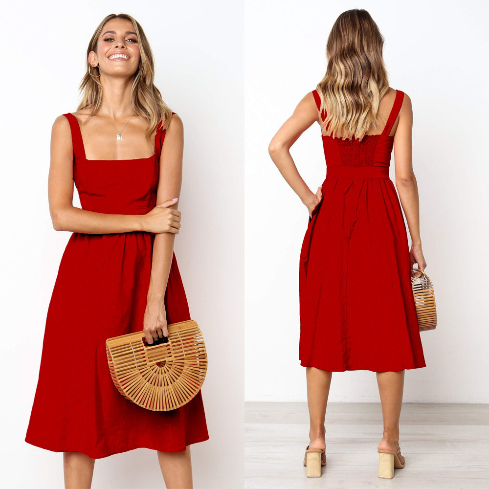 Casual Solid Tone Strap Dress Red Tank Top休闲吊带连衣裙背心
