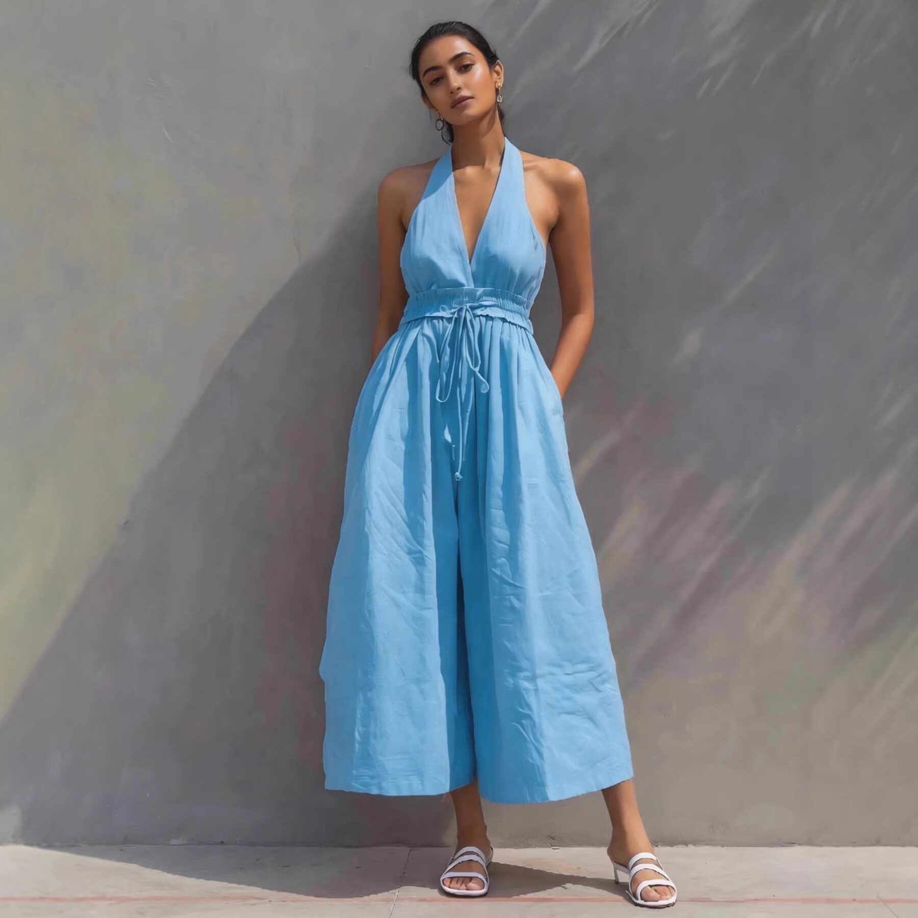 V领系带连体裤纯色镂空收腰长裤夏季清凉Ladies' casual jumpsuit