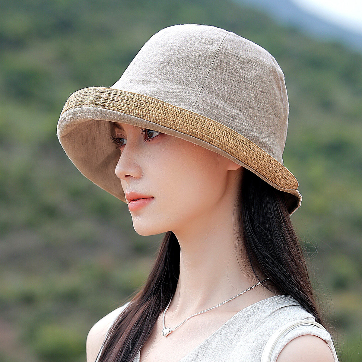 宏达天然亚麻透气帽子女士2025新款夏季透气渔夫帽大檐防晒太阳帽