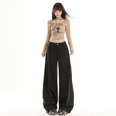 美式复古深灰色阔腿牛仔裤