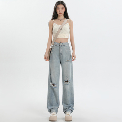 BRN复古破洞阔腿牛仔裤女2025春秋爆款高腰直筒宽松小个子拖地裤