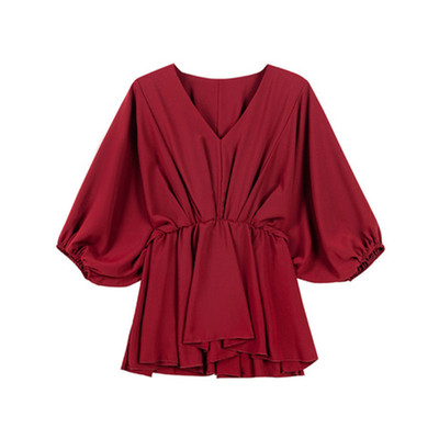 七分袖收腰V领纯色上衣
