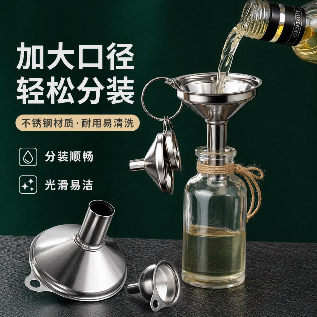 不锈钢3件套小口大口径迷你小漏斗套装漏斗厨房倒油漏多功能酒漏