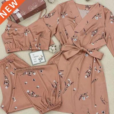 Cotton flower Print Pajamas Set Robe Sleepwear Suit Womens S