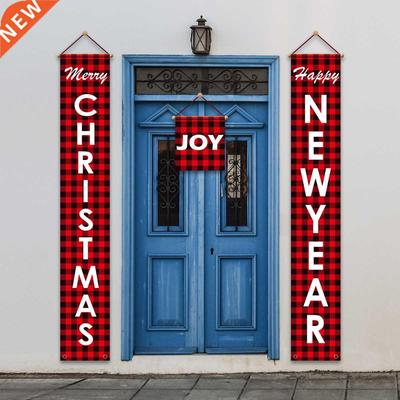 Christmas Banners 3Pcs Red Buffalo Check Plaid New Year