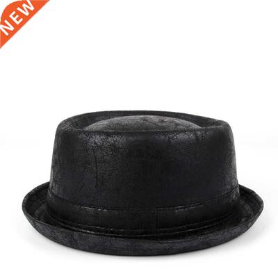 100% Leather Men Flat Pork Pie Hat For man Dad Fedora Hat Bo