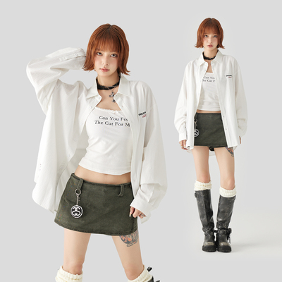 GOLFCROSS字母logo刺绣翻领长袖衬衫潮牌秋季宽松百搭衬衣白色男