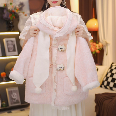 【送围巾】冬季儿童可爱花边连帽外套女童加绒加厚保暖上衣HCE195