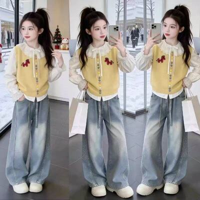 【BK】女童春装2026新款马甲衬衫牛仔裤三件套韩范套装HCF007