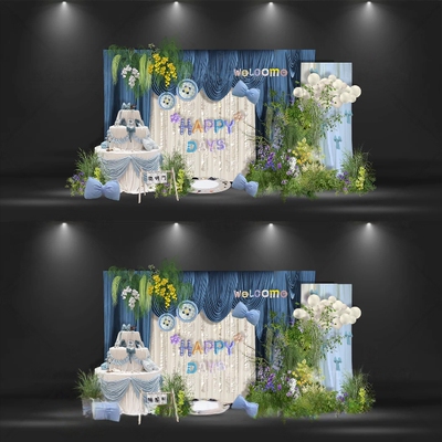 p33韩式蓝色系布幔蛋糕蝴蝶结宝宝宴生日派对周岁百天设计psd文件