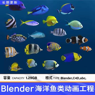 Blender热带海鱼动画工程C4D海洋鱼类模型含abc支持Octane 3DMAX