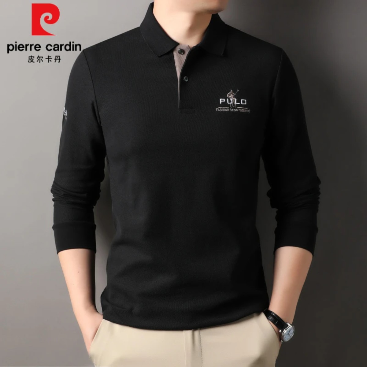 皮尔卡丹男士长袖T恤早秋新款舒适简约100%纯棉刺绣翻领POLO衫