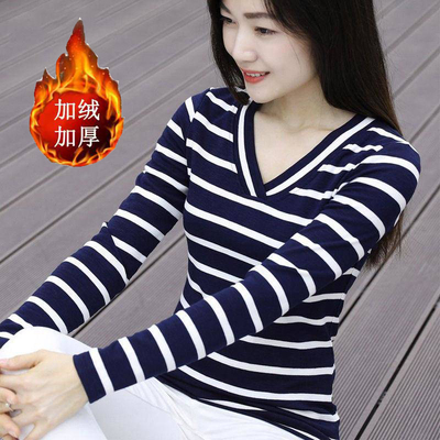 加绒加厚20022秋冬洋气气质上衣长袖新款女装百搭条纹v领打底衫t