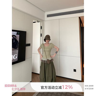 假两件拼接U领短袖T恤连衣裙