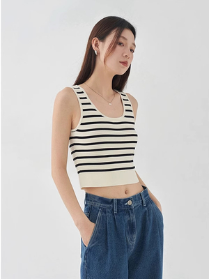【送运费险】法式u领条纹背心女