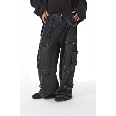 PRDX-22AW- 柳丁圆环扣袋设计感 小众黑色牛仔裤工装长裤