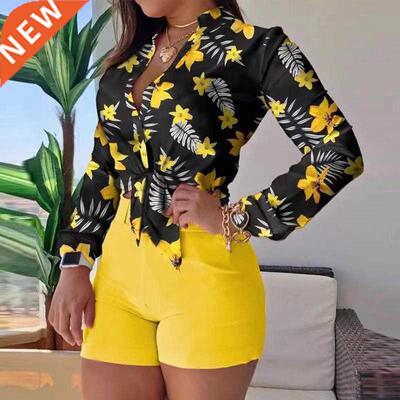 Shorts Sets Women's Summer Suit High Waist Shorts LongSleeve